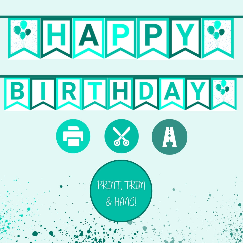 Printable Aqua Happy Birthday Banner – Peculiar Green Rose